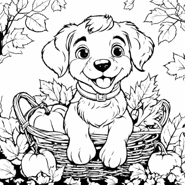 Download Cartoon Puppy in a Basket Surrounded by Autumn Leaves and ...