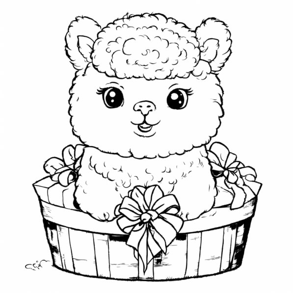 Download Cute Alpaca or Llama in a Gift Basket Coloring pages Online ...