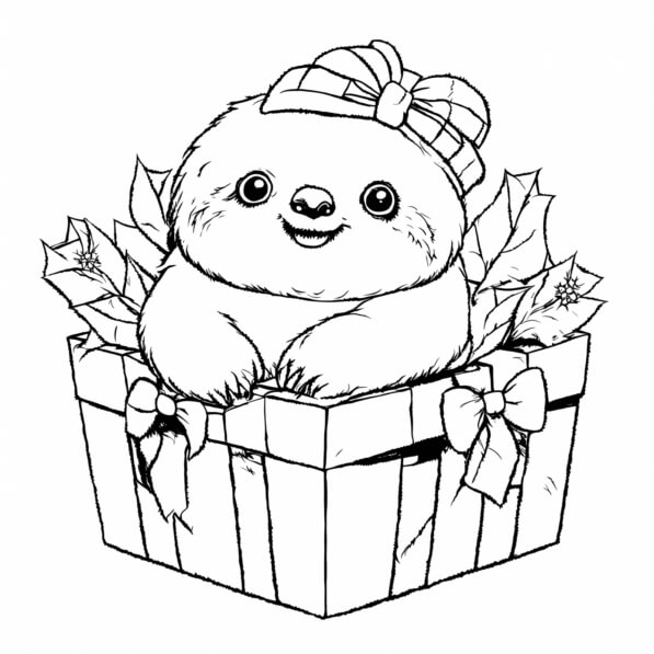 Download Festive Sloth in Gift Box Coloring pages Online - Creative Fabrica