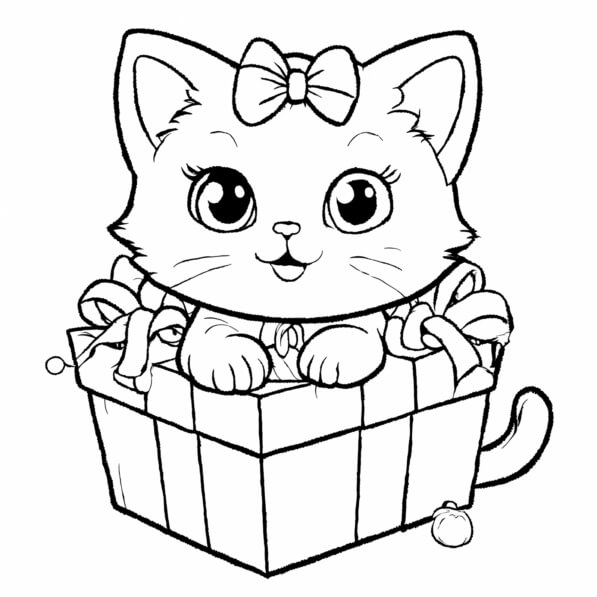 Download Cute Cat in a Gift Box Coloring pages Online - Creative Fabrica