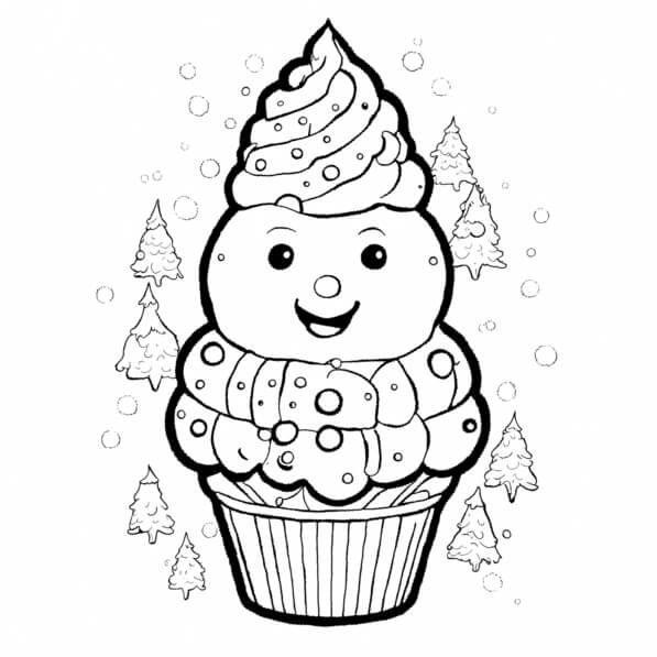 Download Festive Cupcake Character with Christmas Trees Coloring pages ...
