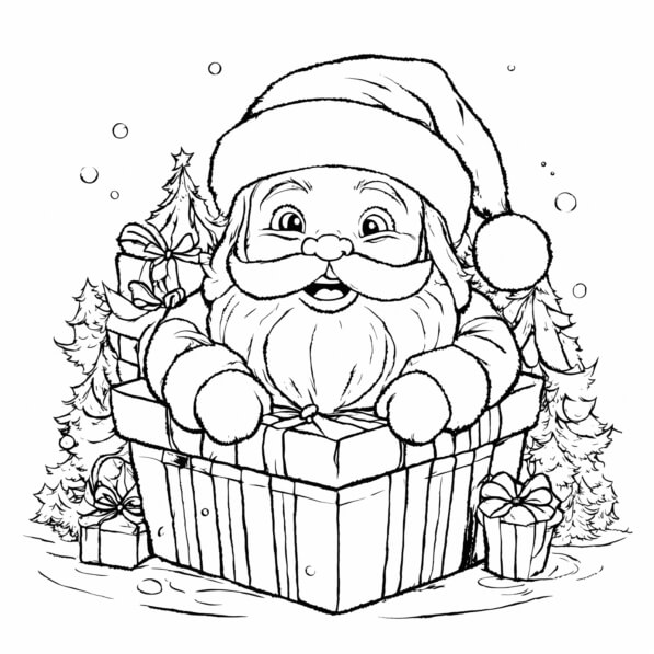 Download Santa Claus in a Gift Box Coloring pages Online - Creative Fabrica