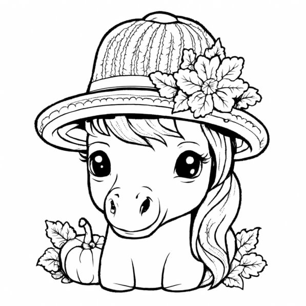 Download Cute Cartoon Pony with Hat and Pumpkin Coloring pages Online ...