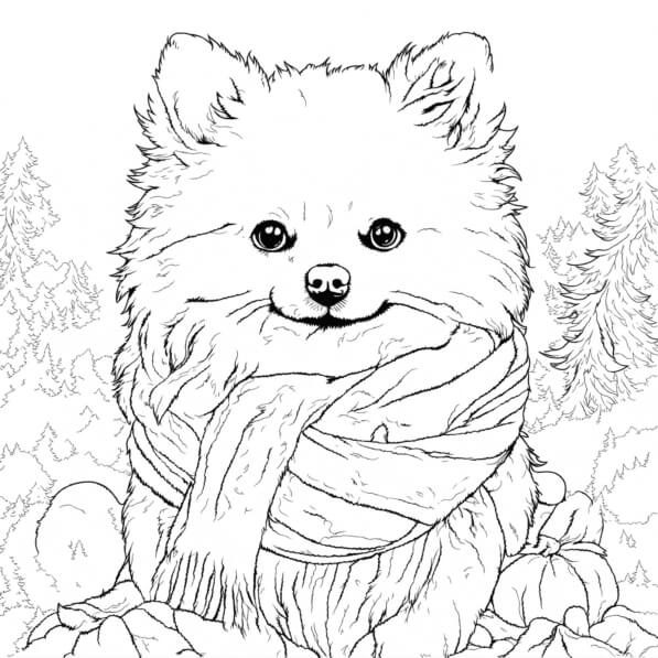 Download Pomeranian Dog in a Scarf Coloring pages Online - Creative Fabrica