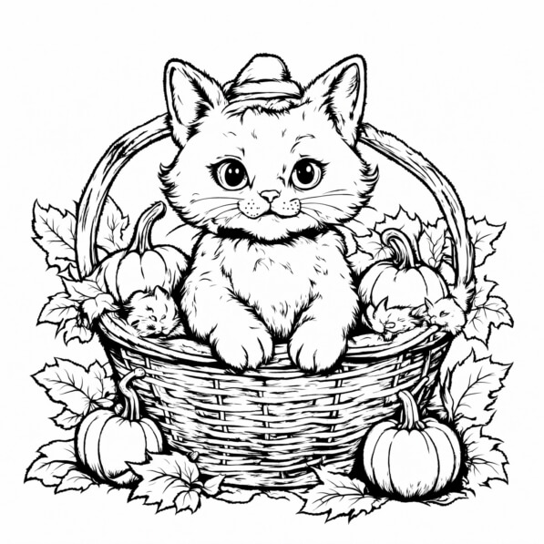 Download Cute Cat in a Basket with Pumpkins Coloring pages Online ...