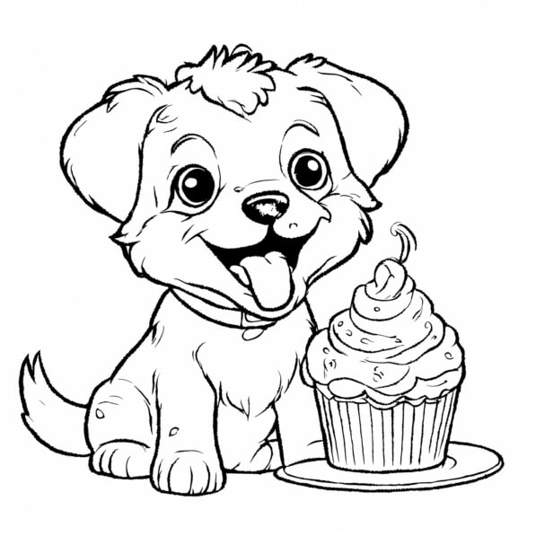 Download Cheerful Puppy with Cupcake Coloring pages Online - Creative ...