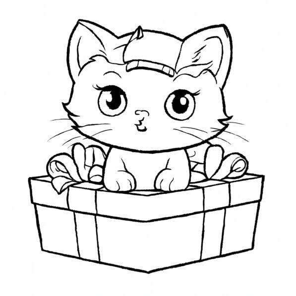 Download Cartoon Cat in a Gift Box Coloring pages Online - Creative Fabrica