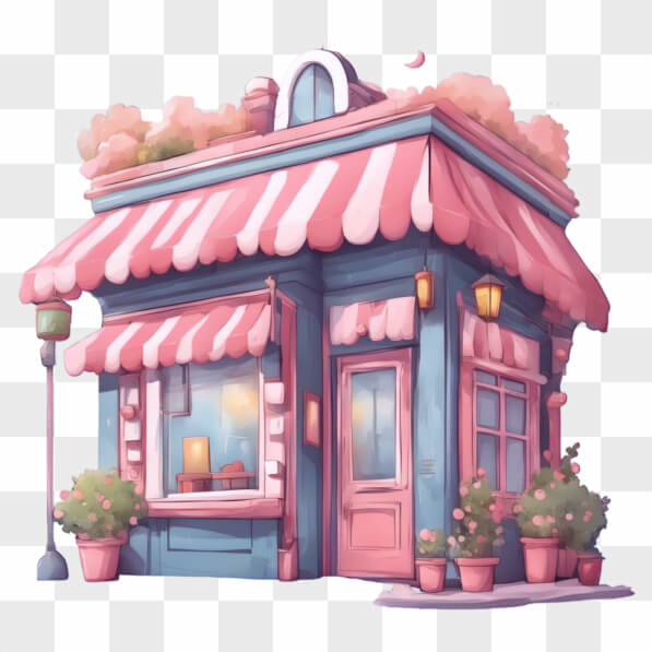 Download Charming Shop with Pink Awning and Flower Pots Cartoons Online ...