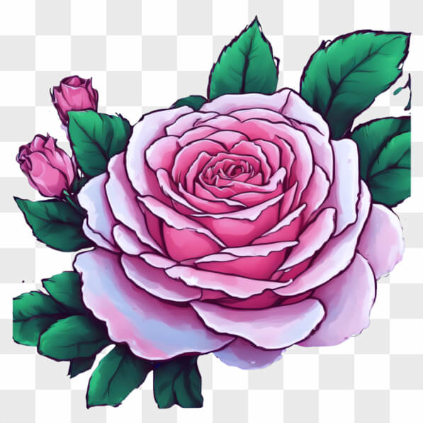 Download Illustrated Pink Rose with Green Leaves and Buds Cartoons ...