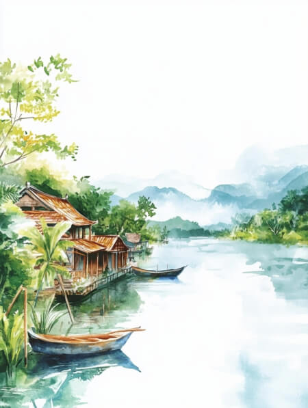 Download Watercolor Riverside Scene with Traditional Houses and Boats ...