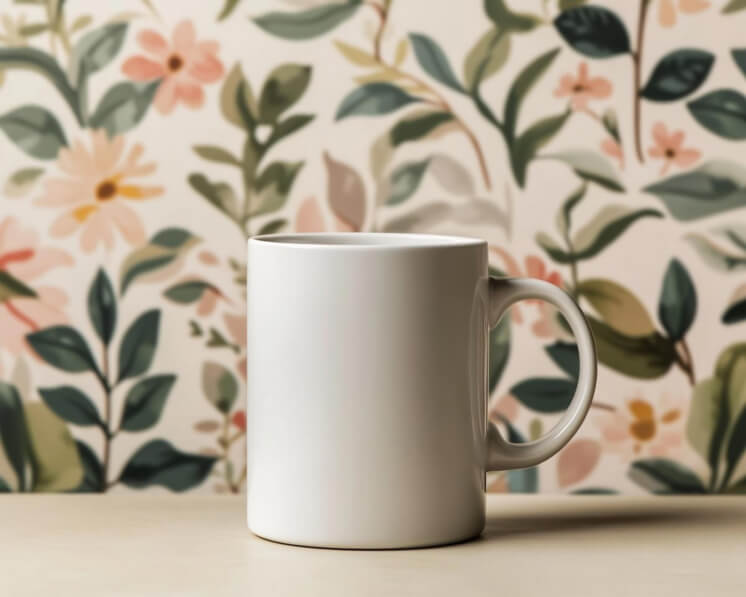 Download Simple White Mug Against Floral Wallpaper Mockups Online ...