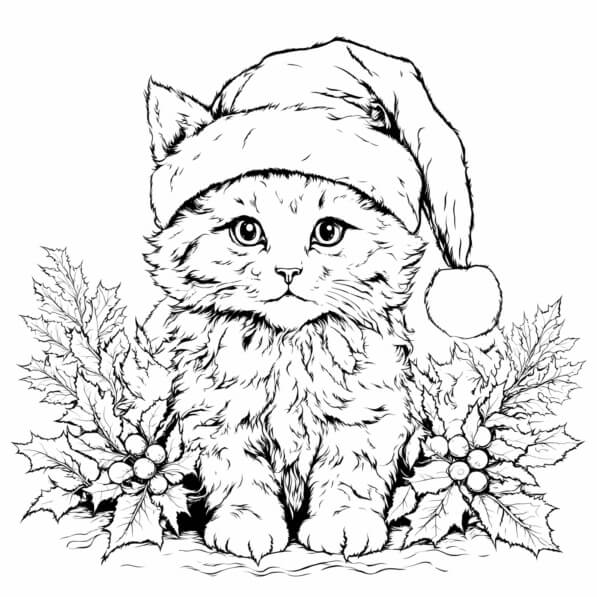 Download Festive Cat with Santa Hat Coloring pages Online - Creative ...