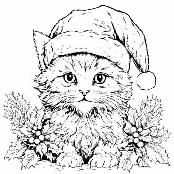 Download Festive Cat with Santa Hat Coloring pages Online - Creative ...