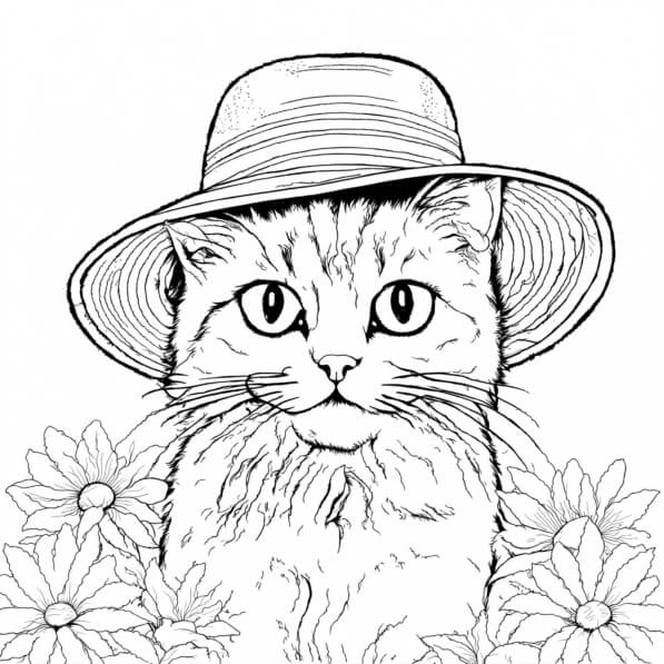 Download Whimsical Cat in a Straw Hat Surrounded by Flowers Coloring ...