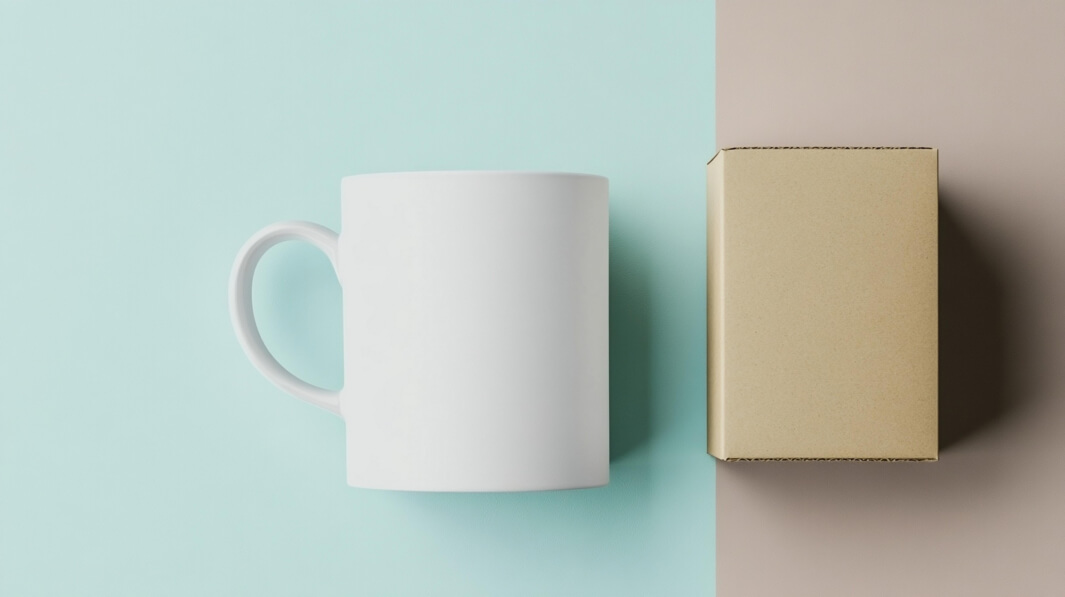 Baixe Caneca Minimalista e Caixa em Fundo Azul Mockups - Creative Fabrica