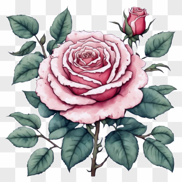 Download Illustrated Pink Rose with Bud and Green Leaves Cartoons ...