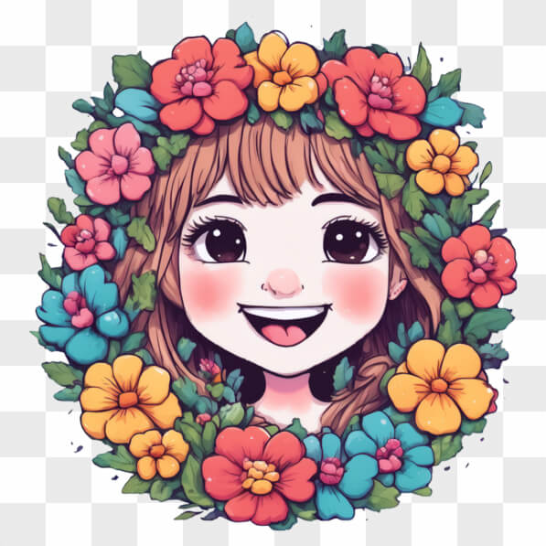 Download Cartoon girl with floral wreath and cheerful expression ...