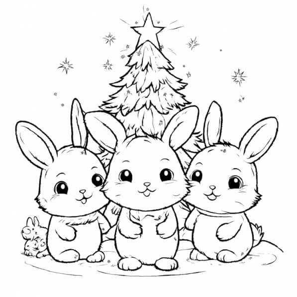 Download Three Cute Rabbits with Christmas Tree Coloring pages Online ...