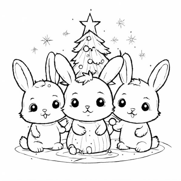 Download Three Cartoon Rabbits Celebrating Christmas Coloring pages ...