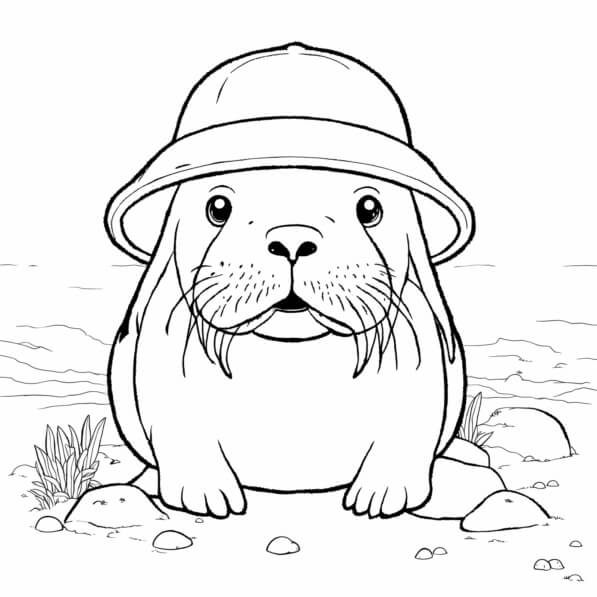 Download Cartoon Sea Lion on the Beach with Hat Coloring pages Online ...