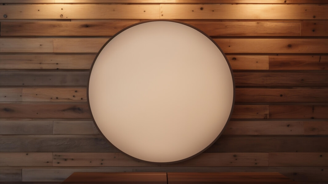 Download Illuminated Round Light Fixture on Wooden Wall Mockups Online ...