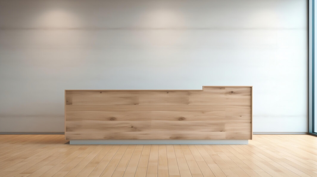 Download Modern Wooden Reception Desk in Minimalistic Interior Mockups ...