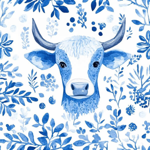 Download Artistic Blue Cow Illustration with Foliage Patterns Online ...