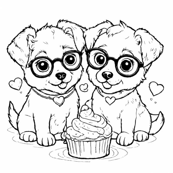 Download Cute Puppies with Cupcake Coloring pages Online - Creative Fabrica