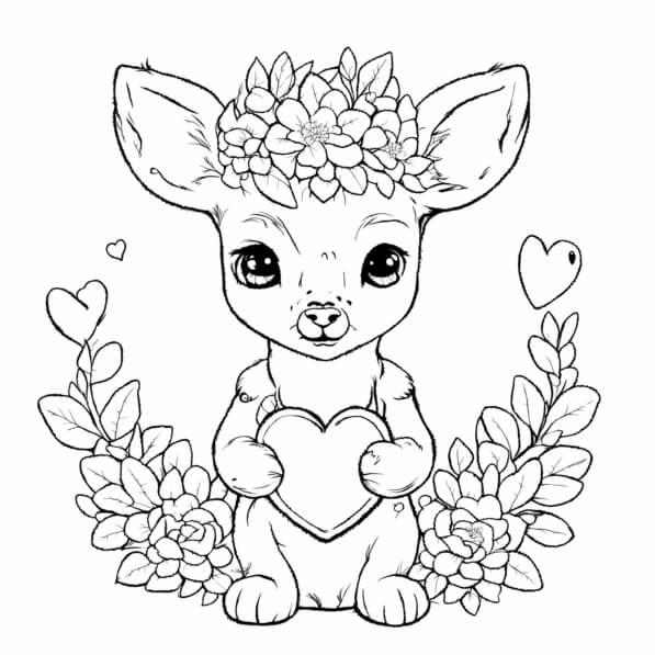 Baixe Bebê cervo fofo segurando coração com coroa de flores Colorir ...