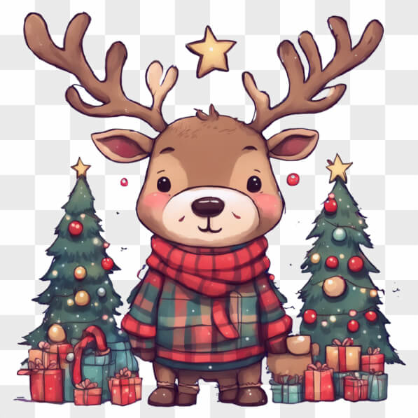 Download Festive Cartoon Reindeer with Christmas Trees and Presents ...