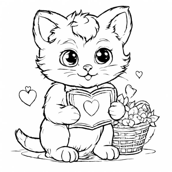 Download Cute Cartoon Cat with Book and Flowers Coloring pages Online ...