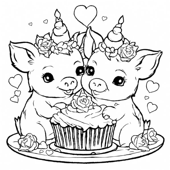 Download Cute Cartoon Pigs Celebrating with a Cupcake Coloring pages ...