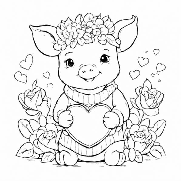 Download Cute Piglet with Heart and Flowers Coloring pages Online ...