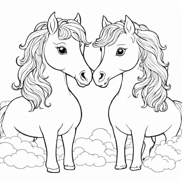 Download Two Cartoon Ponies with Fluffy Clouds Coloring pages Online ...