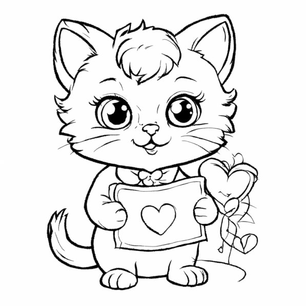 Download Cute Cartoon Kitten Holding a Heart Coloring pages Online ...
