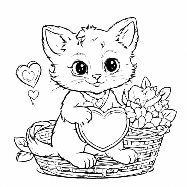 Download Cute Kitten with Heart in Flower Basket Coloring pages Online ...