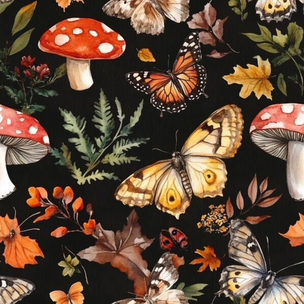 Download Colorful Butterflies and Mushrooms in Autumn Foliage Patterns ...