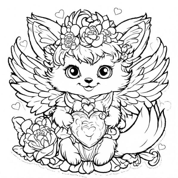 Download Whimsical Fox Angel with Floral Crown Coloring pages Online ...