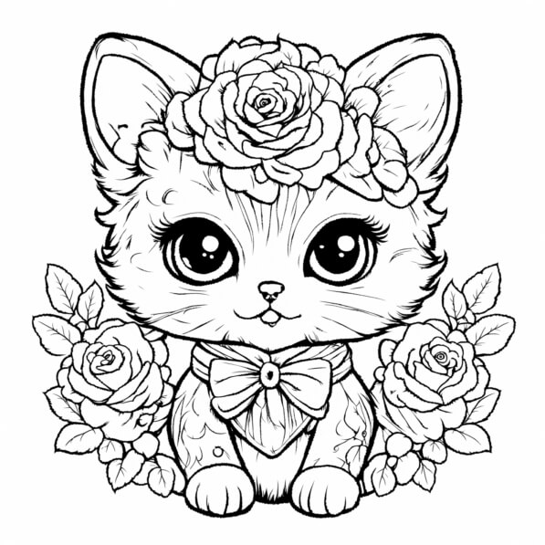 Download Cute Cat Illustration with Flower Crown Coloring pages Online ...
