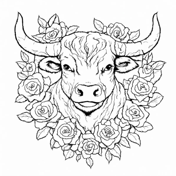 Download Bull Head Surrounded by Roses Coloring pages Online - Creative ...