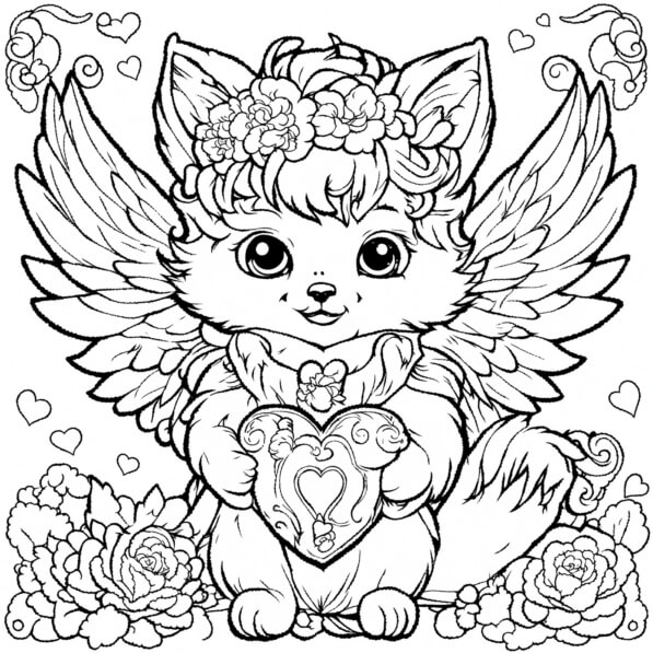 Download Cute Angel Fox with Heart Coloring pages Online - Creative Fabrica