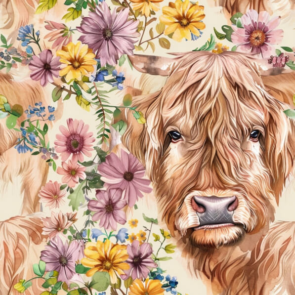 Download Highland Cow with Flowers Patterns Online - Creative Fabrica