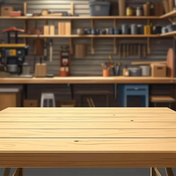 Download Wooden Workshop Table with Organized Tools in Background ...