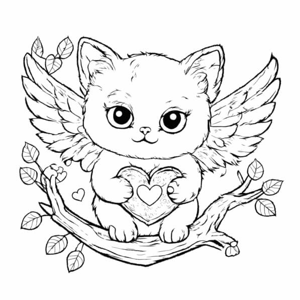 Télécharger Chat ailé mignon tenant un cœur sur une branche Pages de ...