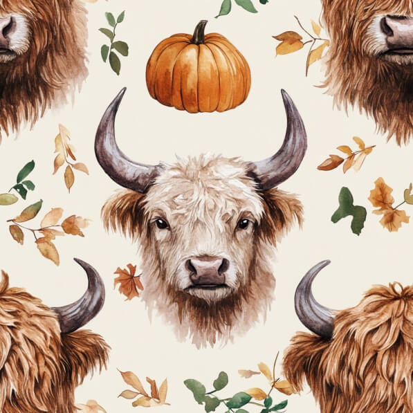 Download Highland Cattle Pattern with Autumn Leaves and Pumpkin ...