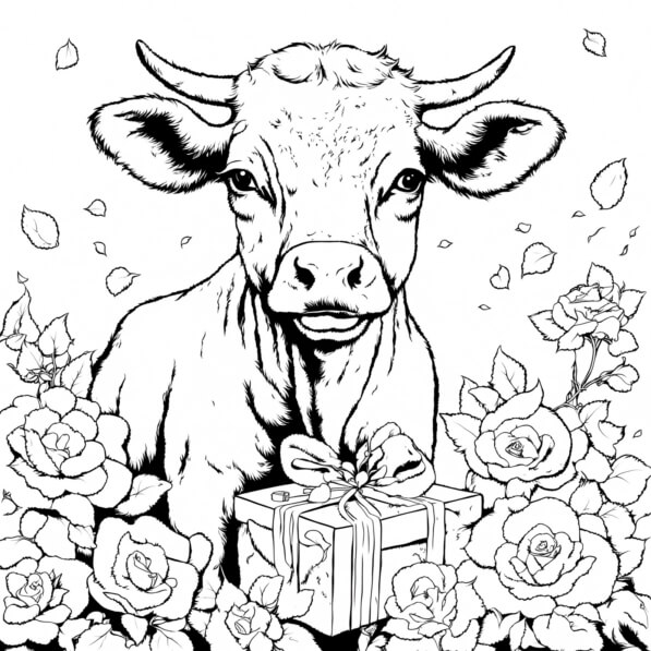 Download Cow Surrounded by Roses with a Gift Box Coloring pages Online ...