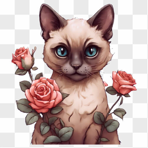 Descarga Gato siamés kawaii rodeado de rosas Kawaii En Línea - Creative ...