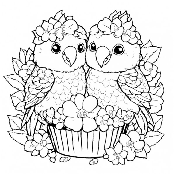 Download Two Adorable Birds Surrounded by Flowers and a Cupcake ...