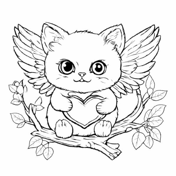 Télécharger Chat ailé mignon tenant un cœur Pages de coloriage En Ligne ...