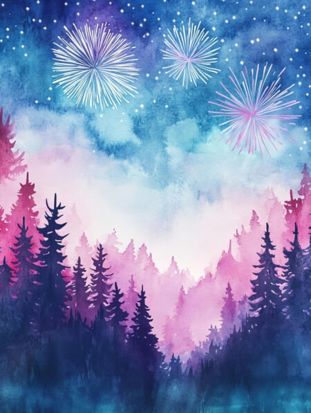 Download Watercolor Forest Landscape with Fireworks Backgrounds Online ...